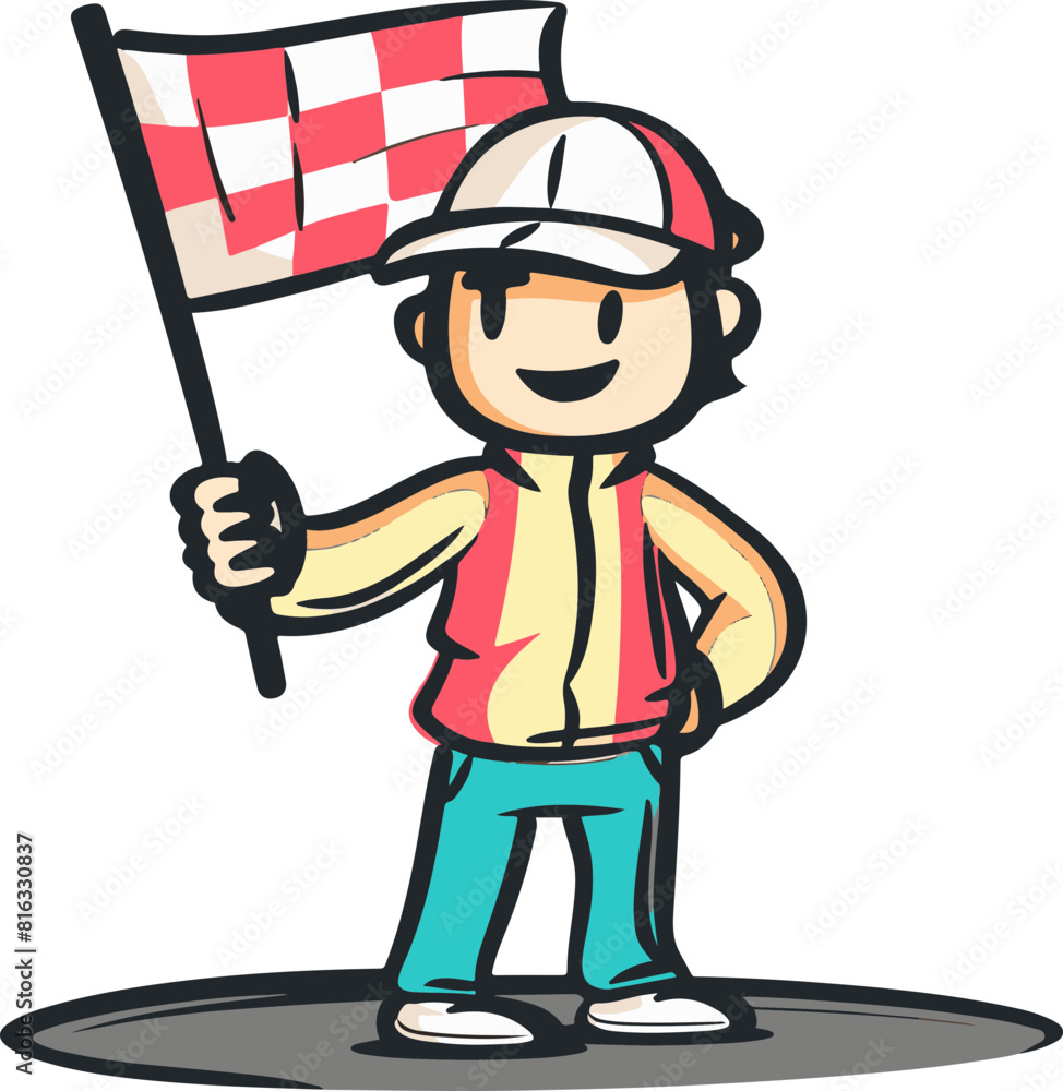 Cartoon Race Official Holding Checkered Flag Stock Vector | Adobe Stock