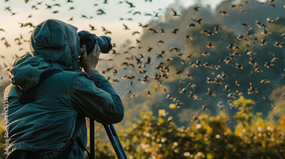 A wildlife photographer using a pantilt tripod head to track birds in ...