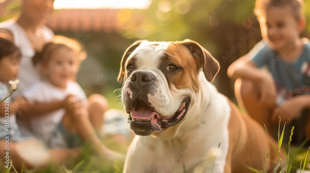An American Bulldog interacting with children in a family backyard ...