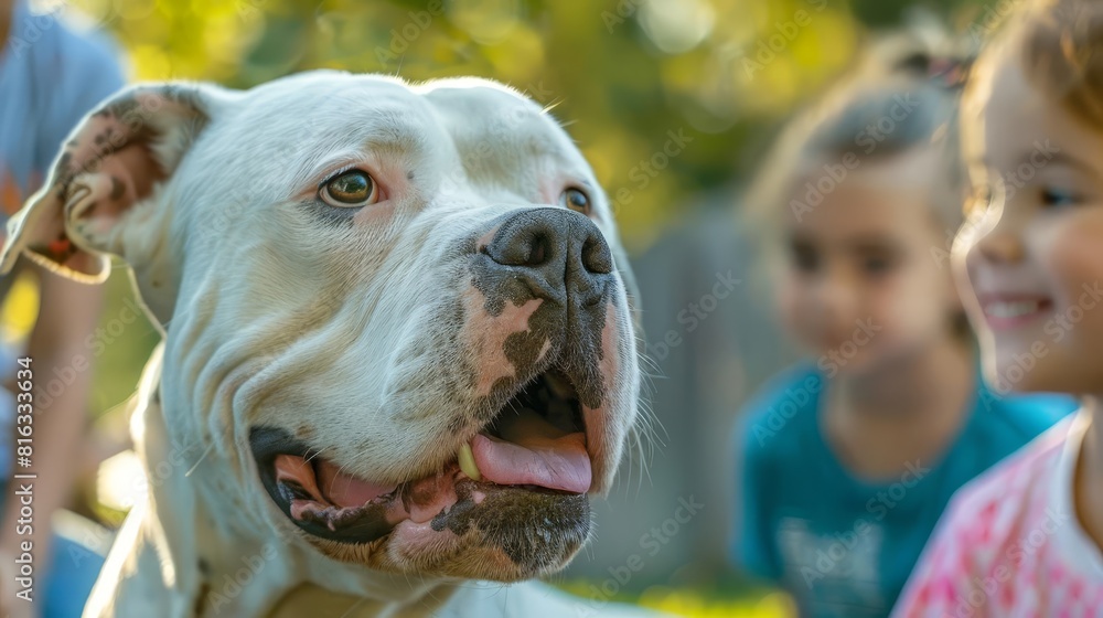 An American Bulldog interacting with children in a family backyard ...