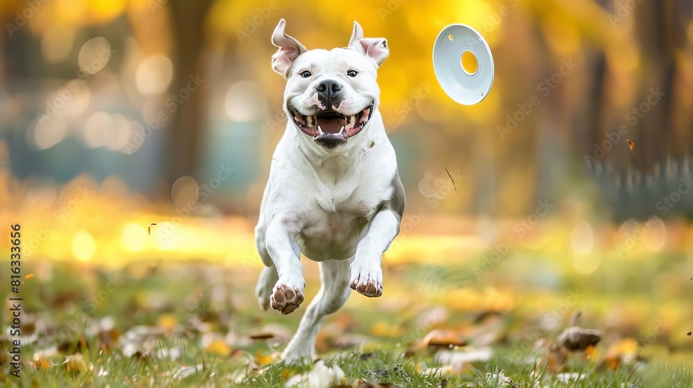 Foto de An American Bulldog playfully running through a park, with its ...