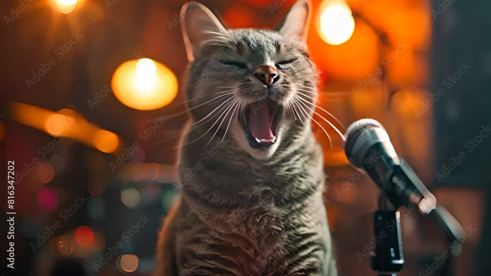 Cat Singing into Microphone on Stage with Ai generated. Stock Video ...