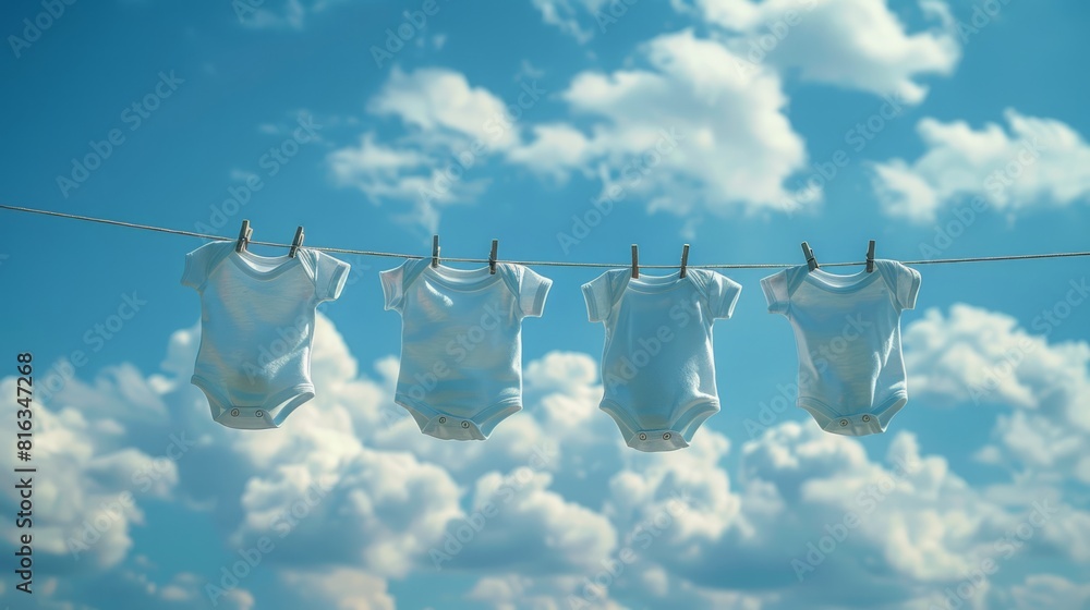 Baby onesies hanging on a clothesline under a bright blue sky with ...