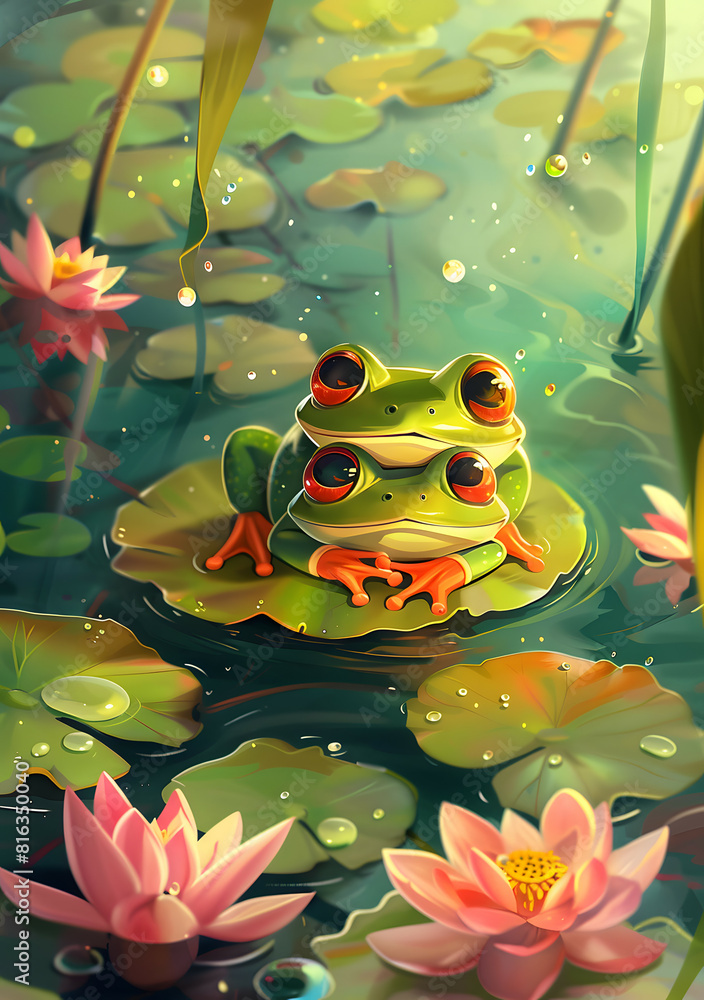 two frogs cuddle each other with love surrounded by lily pads and lotus ...