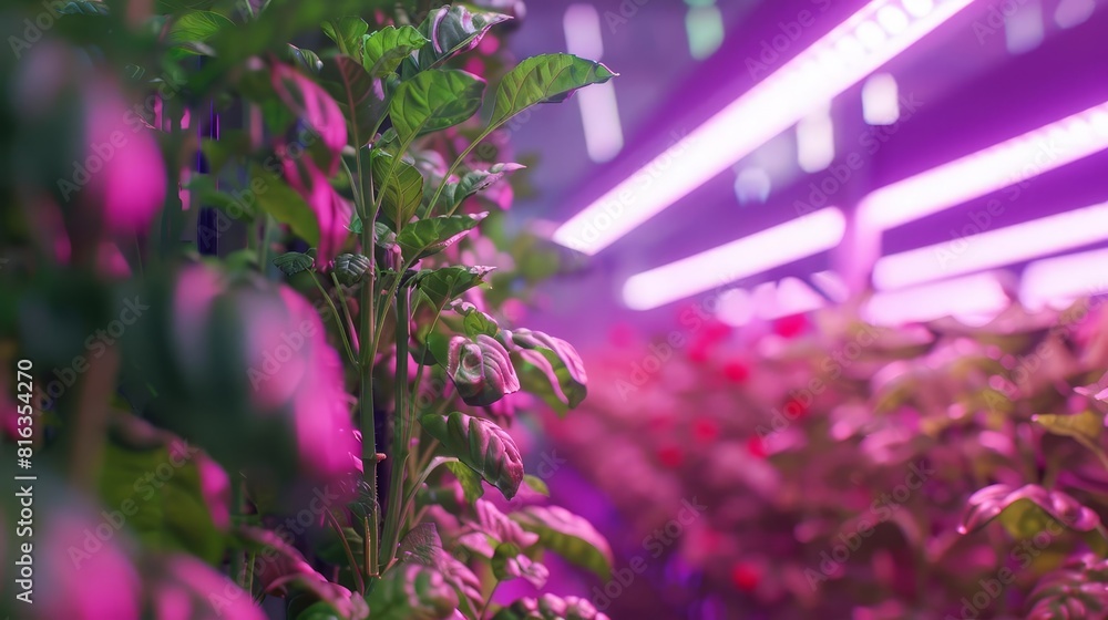 An interior view of a modern vertical farming facility, where various ...