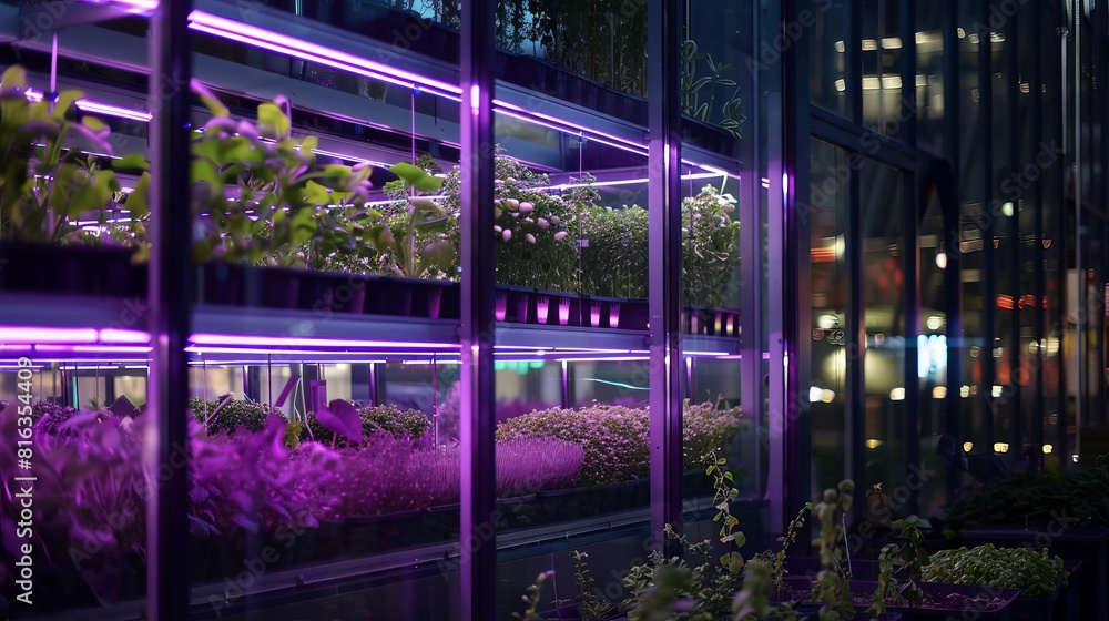 An urban vertical farm at night, glowing with purple LED lights ...