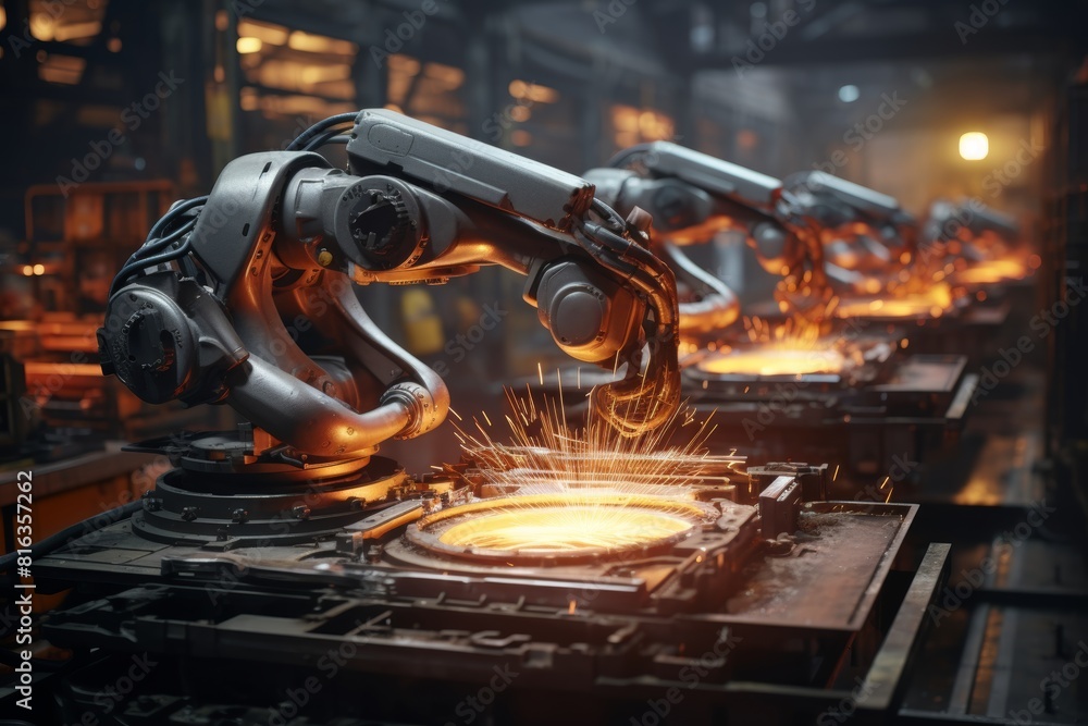 Automated robotic welding in industrial factory with sparks flying from molten metal. Industrial ...