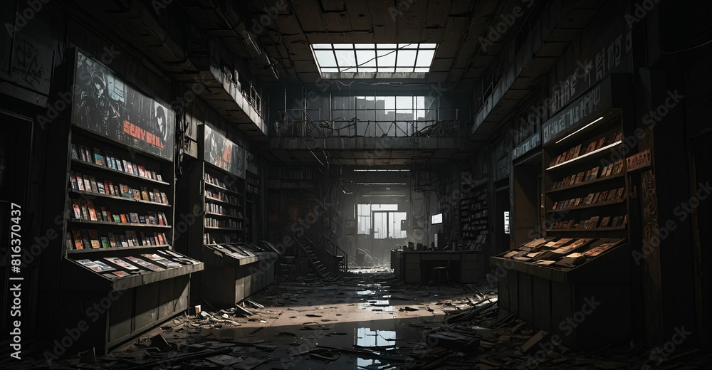 abandoned cyberpunk sci-fi dystopian library shop. lo-fi futuristic ...