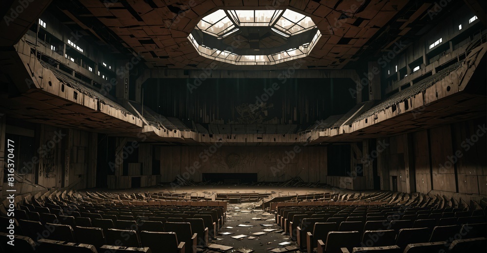 abandoned cyberpunk sci-fi dystopian empty theater auditorium ...