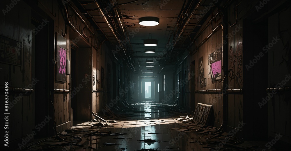 abandoned cyberpunk hallway in dystopian lo-fi futuristic sci-fi ...
