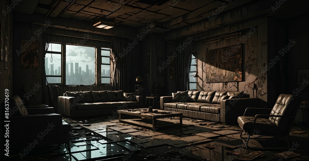 cyberpunk sci-fi dystopian abandoned bedroom in house interior. lo-fi ...