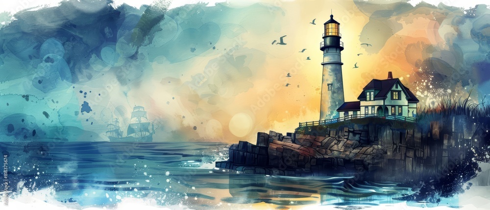 A watercolor of a lighthouse that guides lost mythical creatures back ...