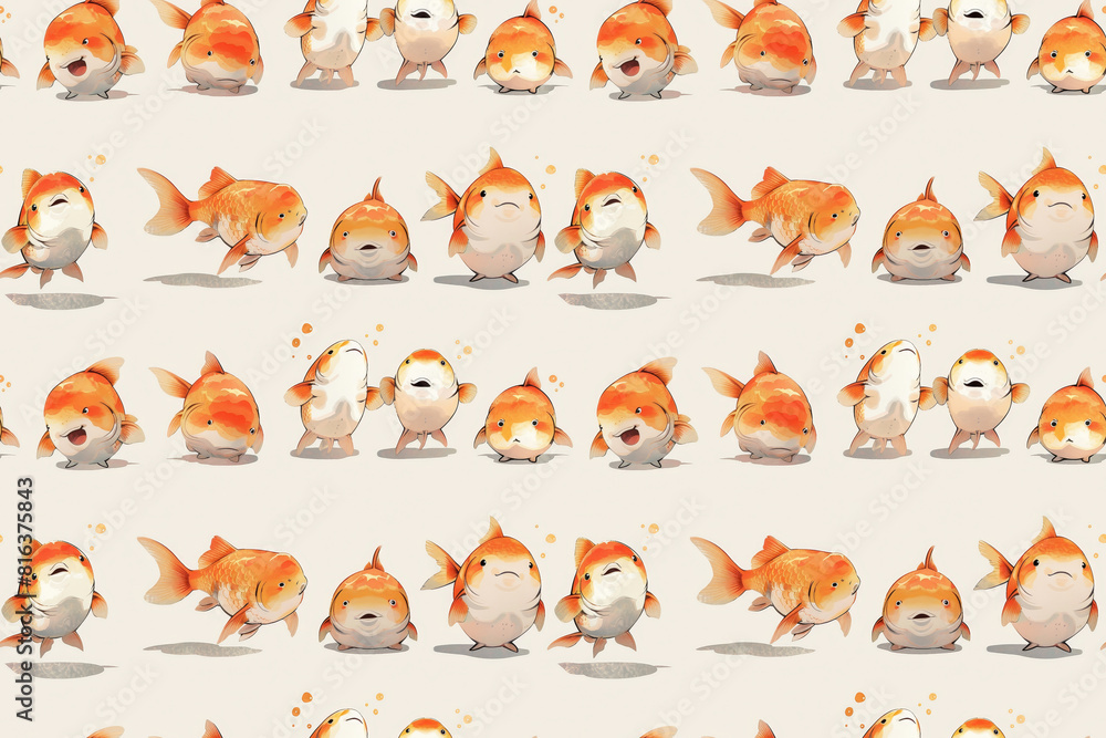 Seamless Pattern of Cute and Playful Cartoon Goldfish on Beige ...