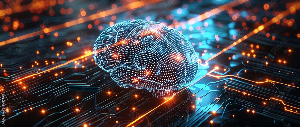 3D rendering of the human brain made from a circuit board, surrounded in the style of glowing ...