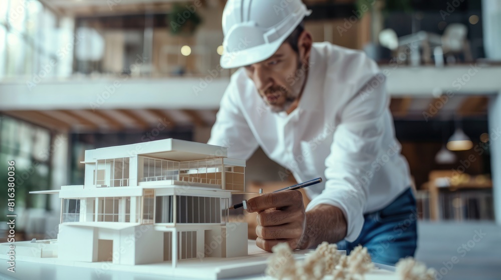 An architect in a white shirt and helmet is looking at a model of a ...