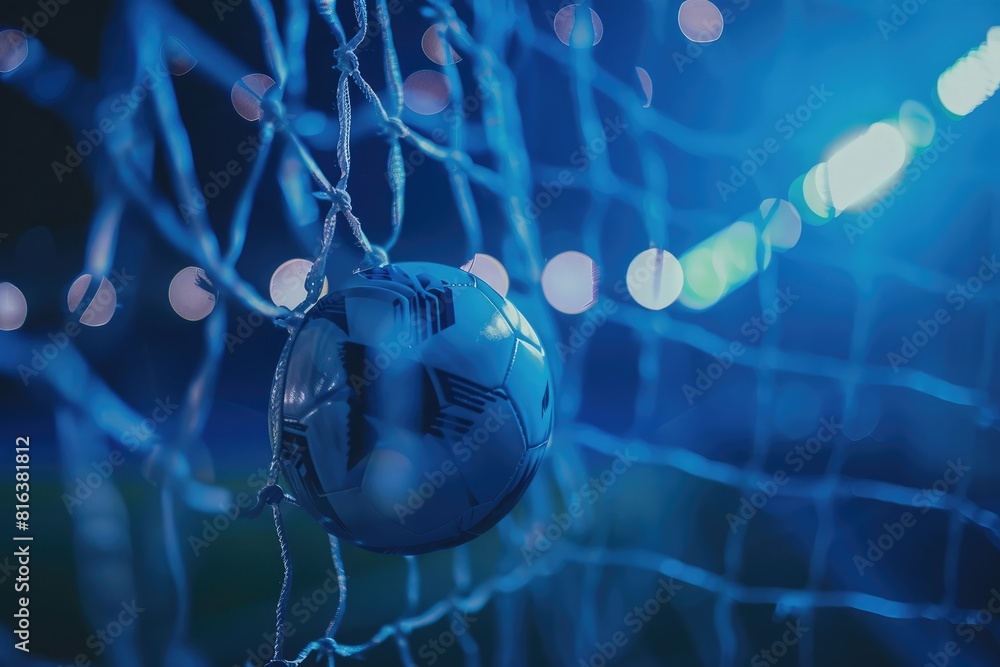 Closeup of football ball in goal net, football stadium with lights and ...