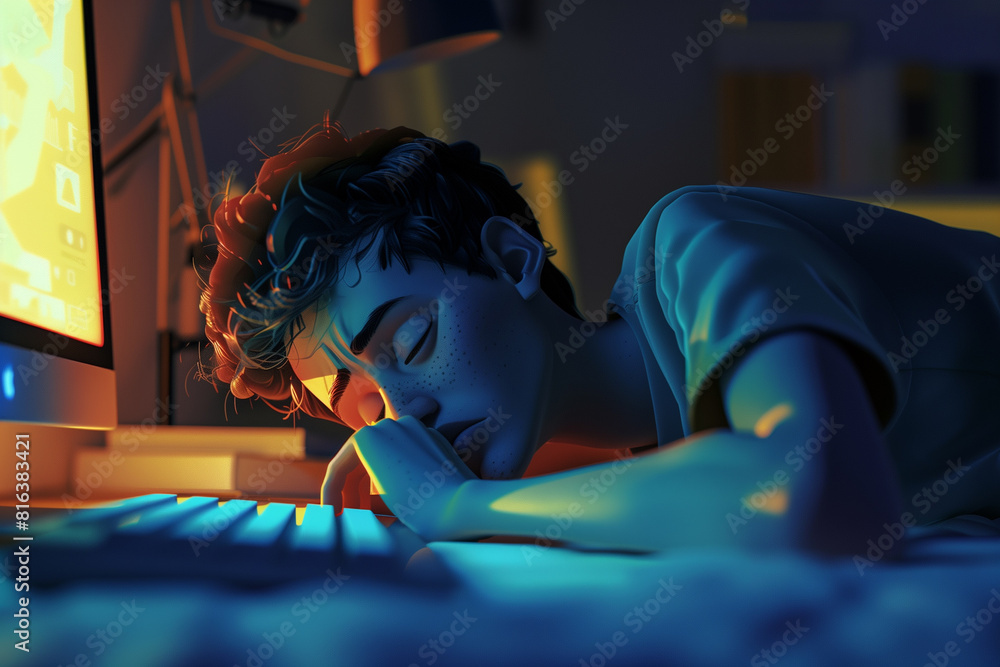 Teenager boy falling asleep at desk in front of computer during ...