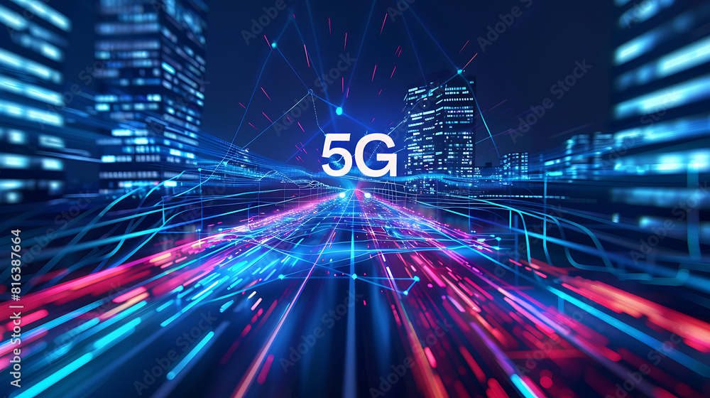 Bright light streaks around 5G text, symbolizing advanced network speed ...