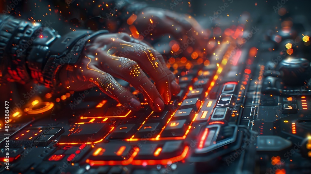 Skilled Hacker's Fingers Dancing Across Futuristic Keyboard with ...