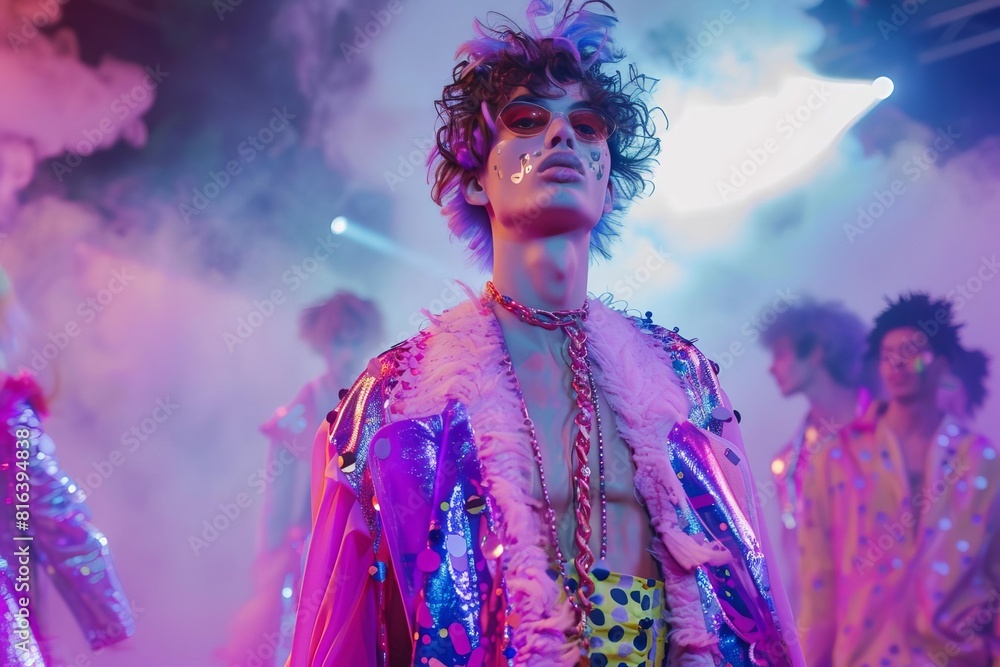 LGBTQ themed fashion show with models in genderfluid outfits, pop art ...