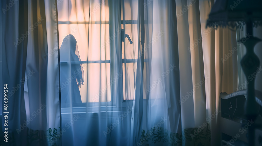 Horror silhouette in window with curtain inside bedroom at night Horror ...