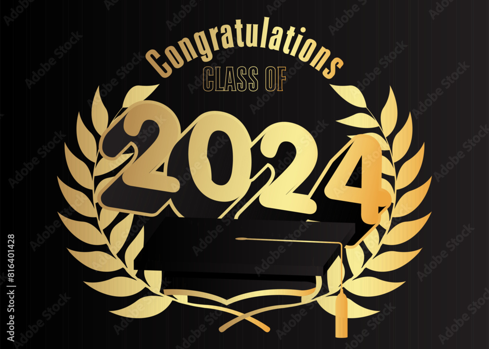 Black and gold class of 2024 Graduation design template. Vintage party ...