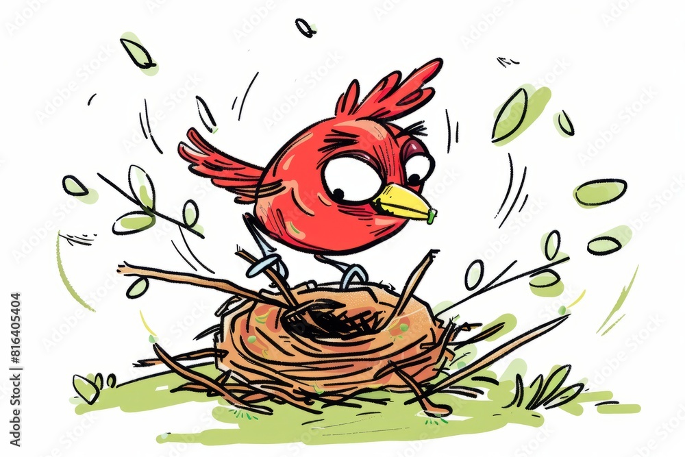 Cartoon cute doodles of a clumsy bird trying to build a nest and ...