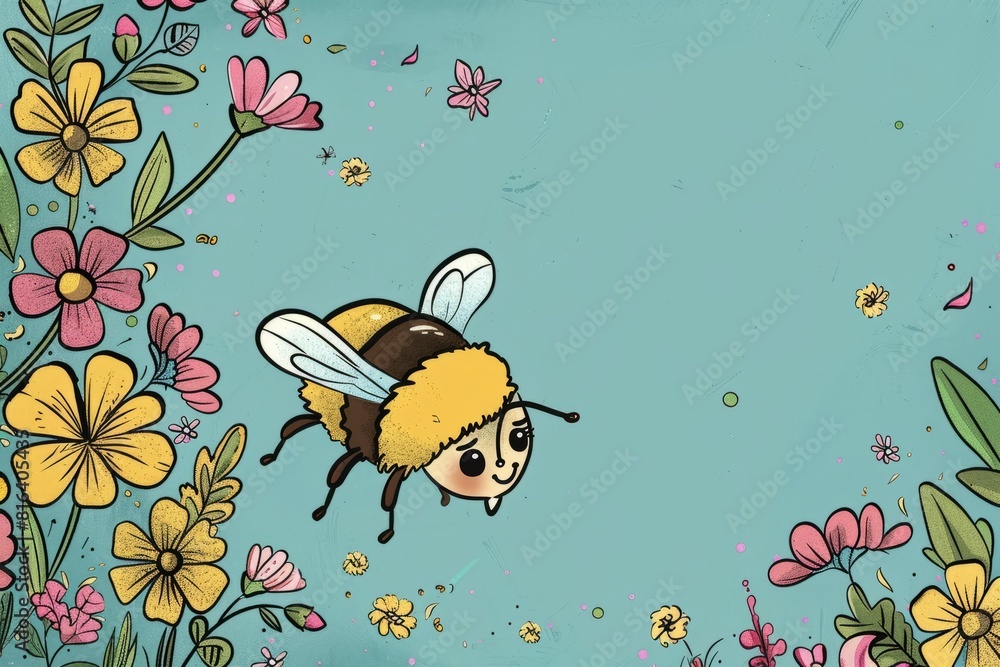 Cartoon cute doodles of a clumsy bee buzzing around flowers and ...