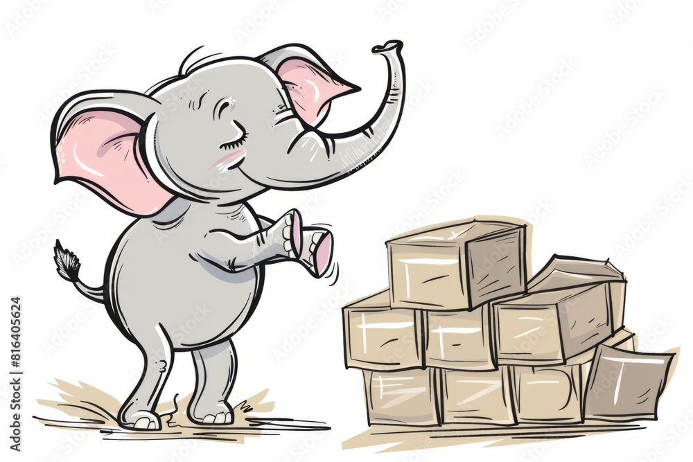 Cartoon cute doodles of a clumsy elephant accidentally knocking over a ...