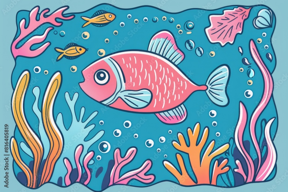 Cartoon cute doodles of a clumsy fish swimming in circles and bumping ...