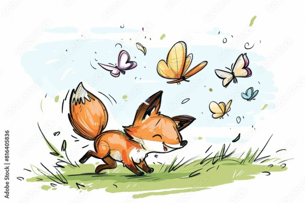 Cartoon cute doodles of a clumsy fox tripping over its own tail while ...