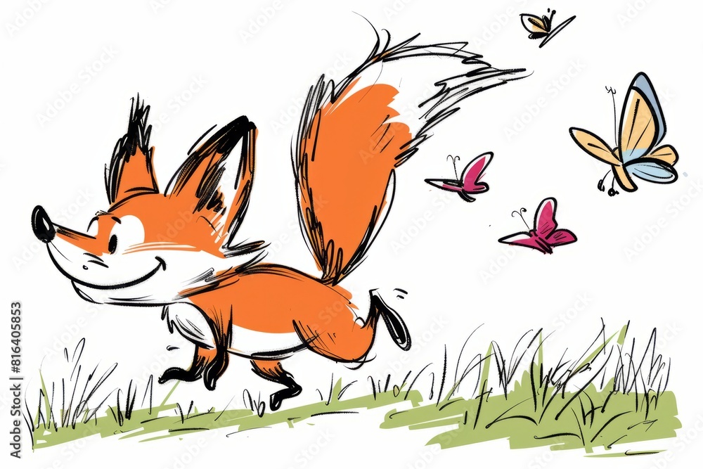 Cartoon cute doodles of a clumsy fox tripping over its own tail while ...