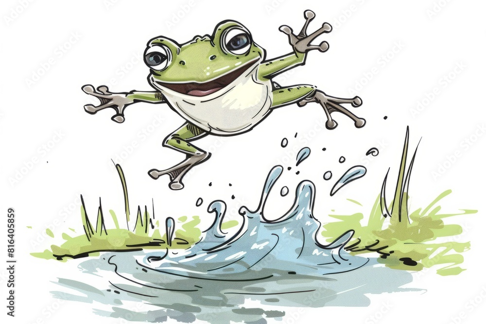 Cartoon cute doodles of a clumsy frog hopping awkwardly and landing ...