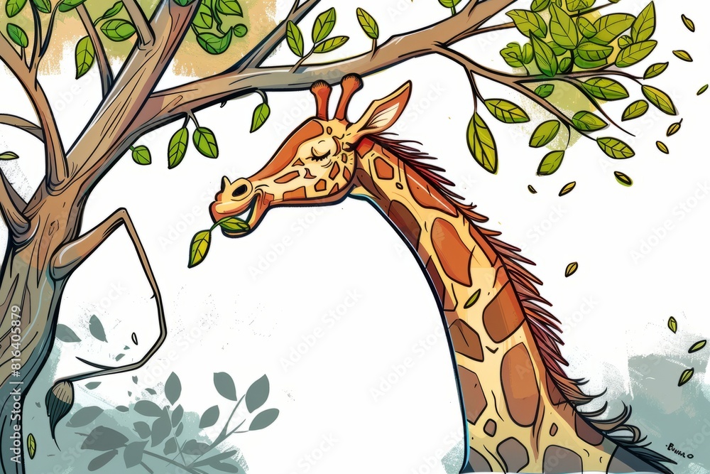 Cartoon cute doodles of a clumsy giraffe trying to reach for leaves on ...