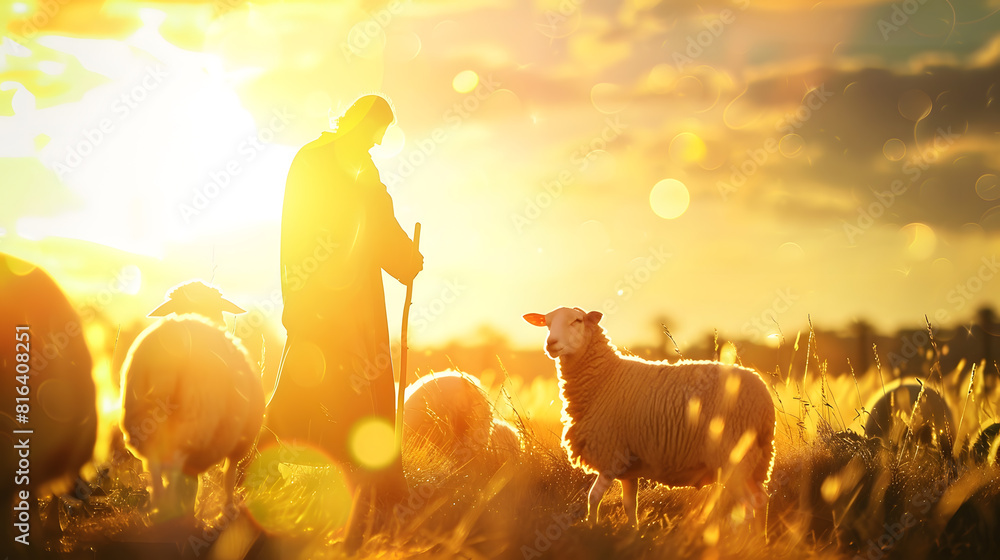 Shepherd Jesus Christ leading the sheep and praying to God and in the ...