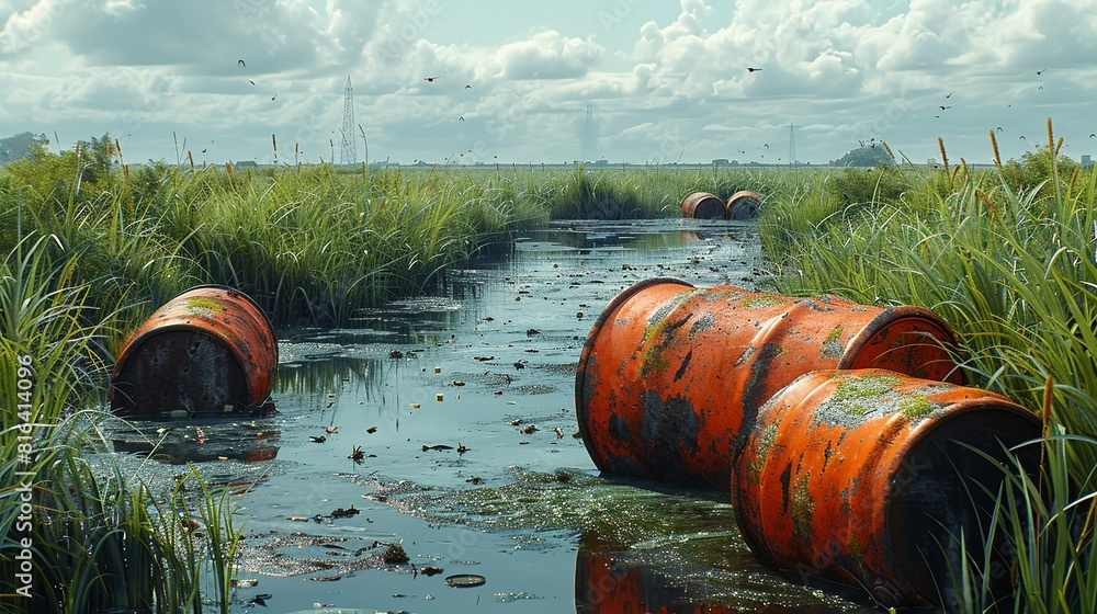 Contaminants, A photograph of industrial waste barrels leaking into a ...