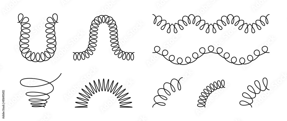 Spiral spring set. Black wire coil springs collection. Thin wire frames ...