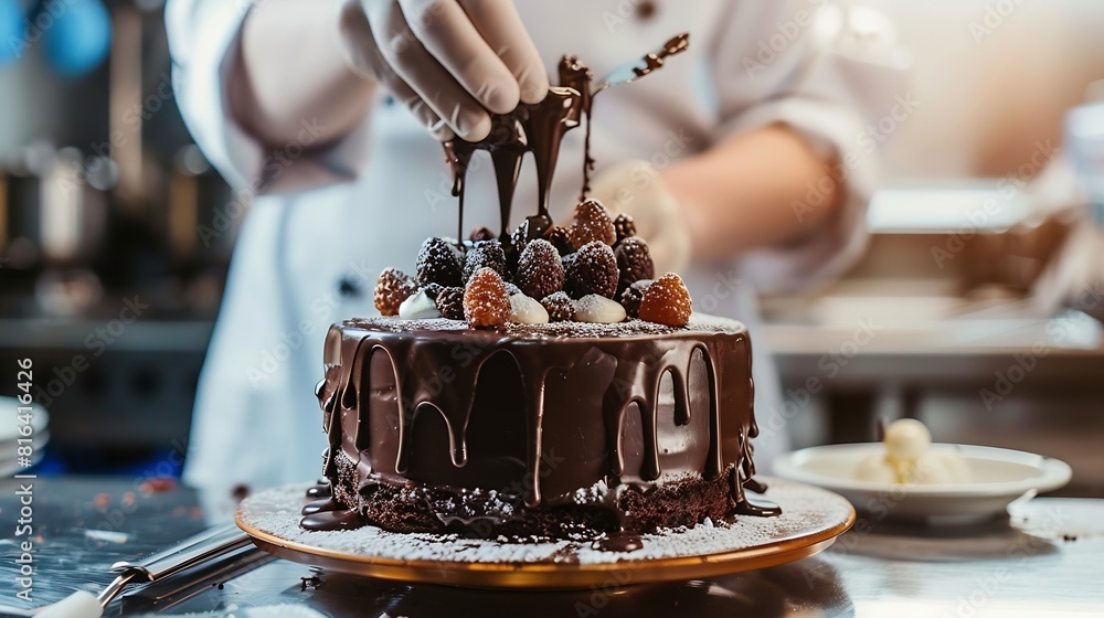 Pastry chef in the kitchen decorating a cake of ...