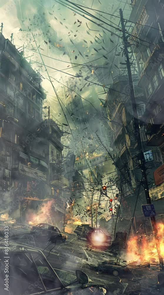 The city was fire and destroyed by war. tense and dark atmosphere ...