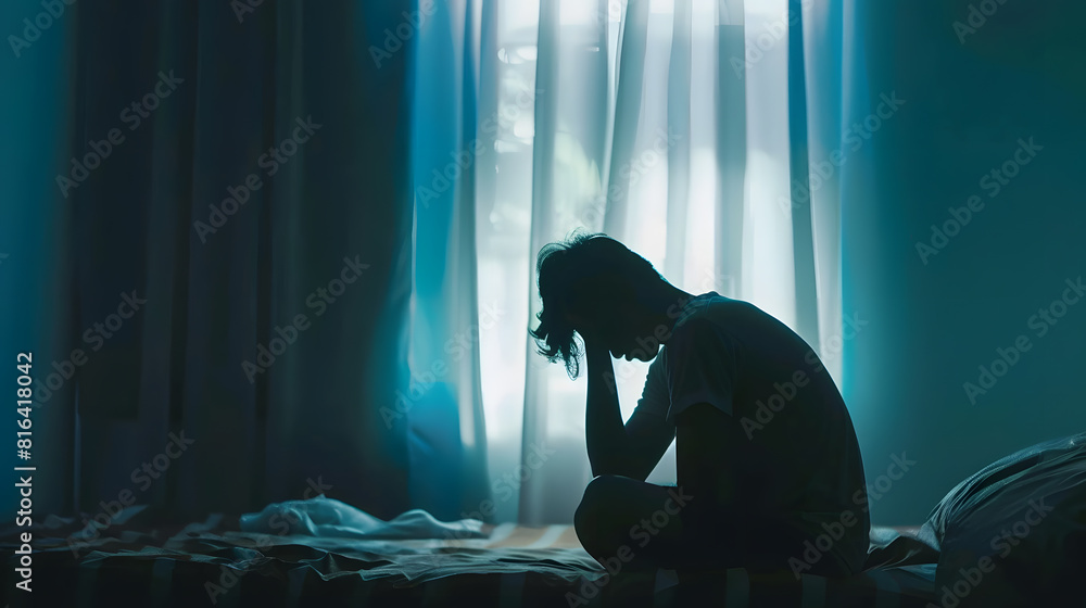 Silhouette depressed man sadly sitting on the bed in the bedroom Sad ...