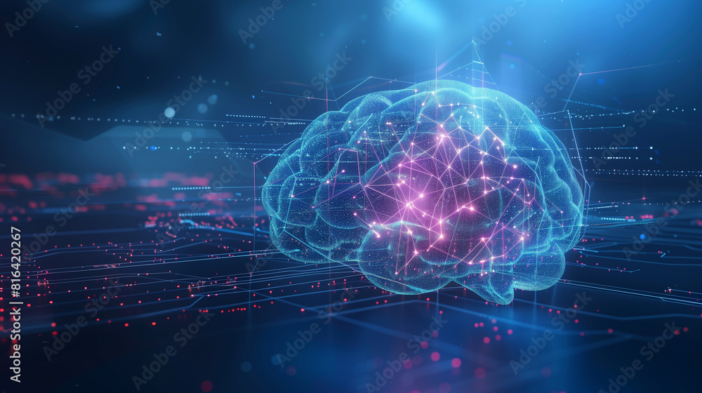 A brain is shown in a computer screen with a blue and purple color. The ...