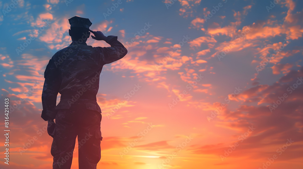 Soldier salute Silhouette on sunset sky War army military guard concept ...