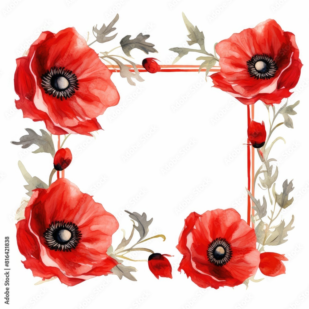 poppy themed frame or border for photos and text. vibrant red petals ...