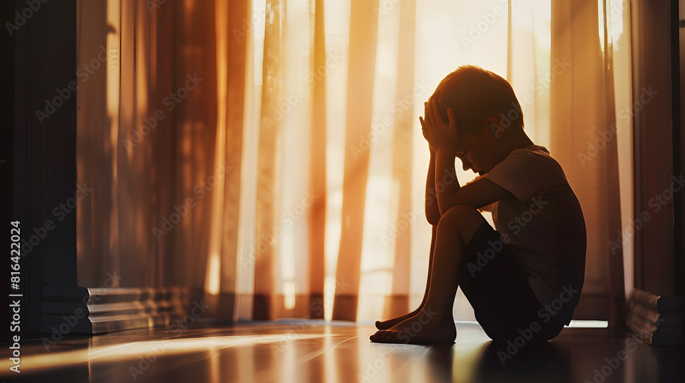 Sad child suffering from depression sitting alone in corridor feeling ...