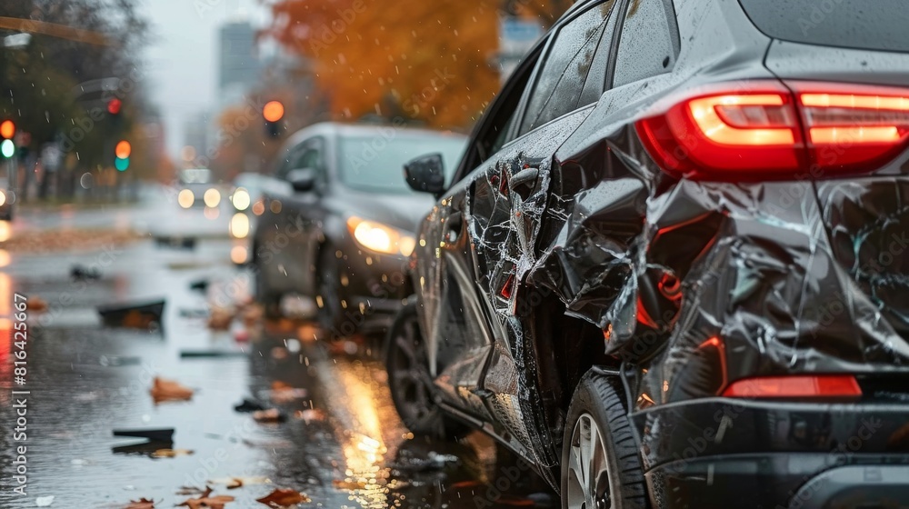 Closeup of Heavily Damaged Car After Accident on Busy Street, Car ...