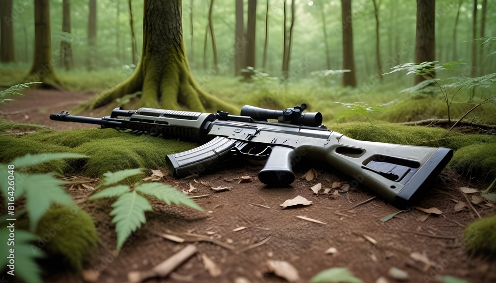 M416 assault rifle lying on the ground in the forest Stock Photo ...