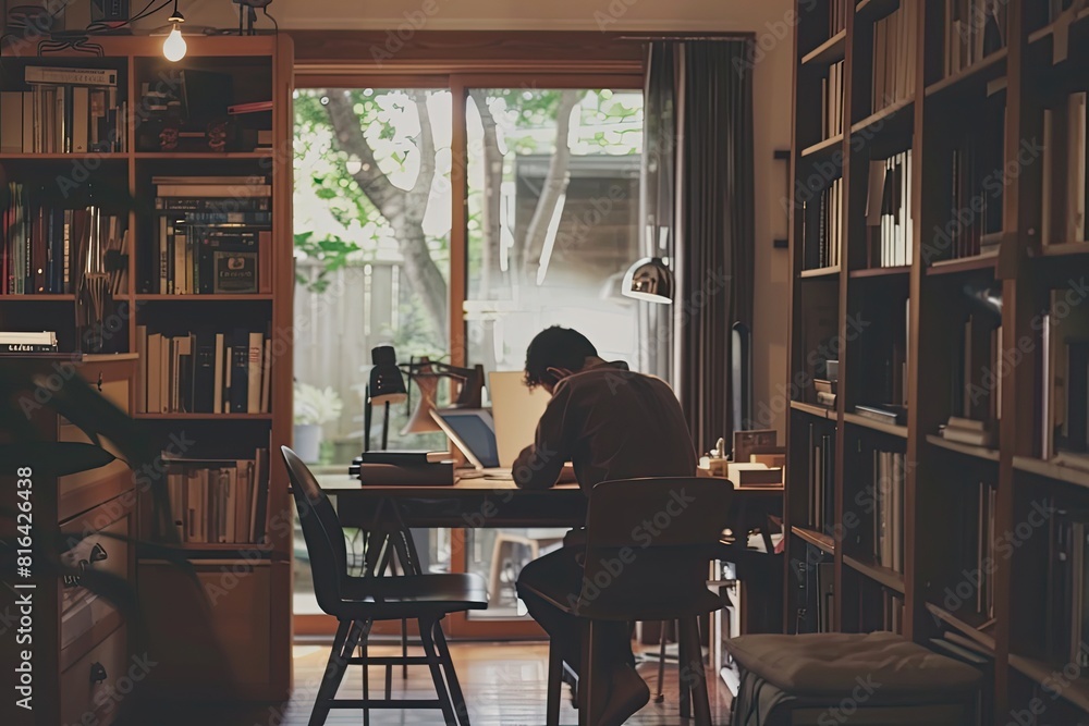 A writer is brainstorming ideas at a desk in a neat and contemporary ...
