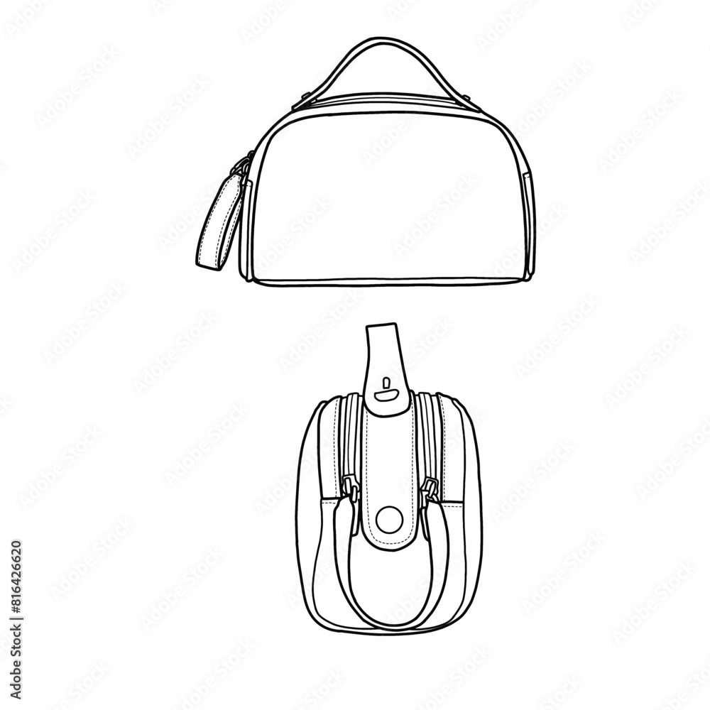 Women's handbags line art. Top handle bag, toiletries bag, flat sketch ...