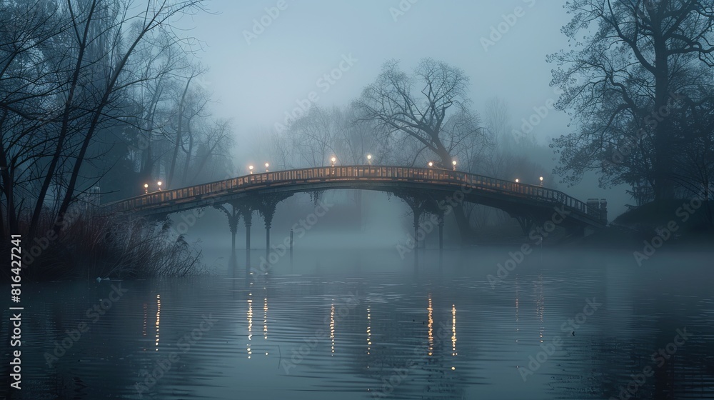 Mystic Fog Enshrouded Bridge Reflecting on a Tranquil Pond in a ...