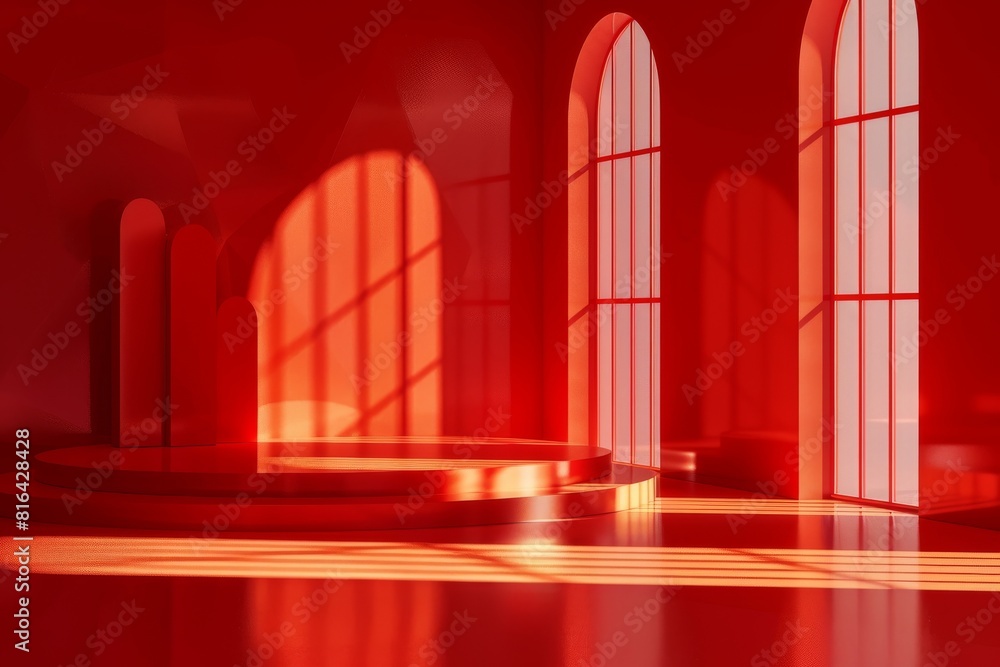 Intricate 3D rendering of the studio space bathed in warm red light ...